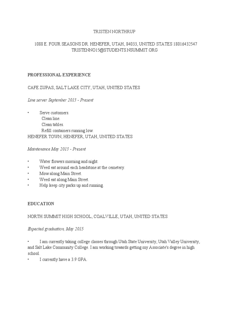 Tristen Northrup's Resume Overview | PDF | Lifestyle