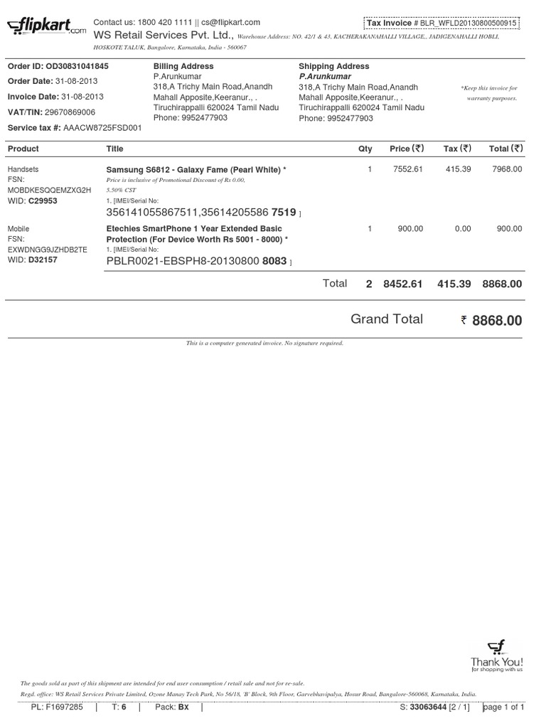 Invoice OD30831041845 | PDF | Smartphone | Invoice