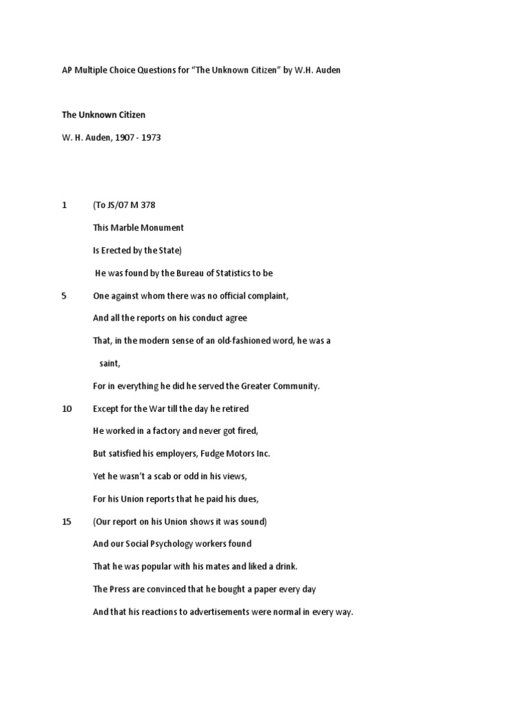 AP Multiple Choice: "The Unknown Citizen" | PDF