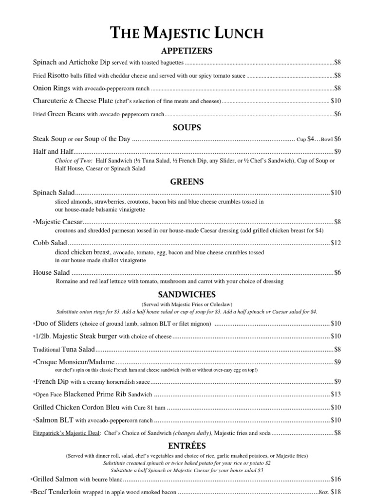 The Majestic Restaurant Lunch Menu | PDF | Bacon | Salad