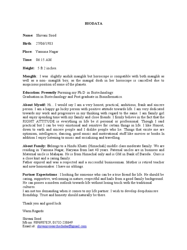 Shivani Sood Biodata for Marriage | PDF | Games & Activities | Social Science