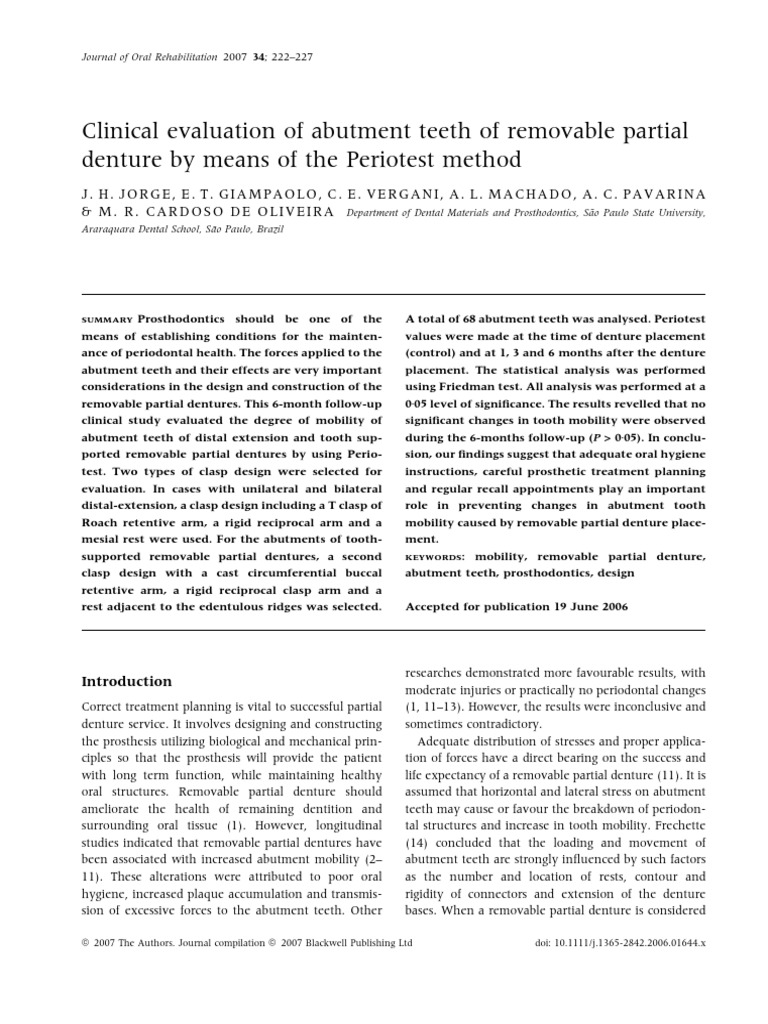 Clinical Evaluation of Abutment Teeth of Removable Partial | PDF ...