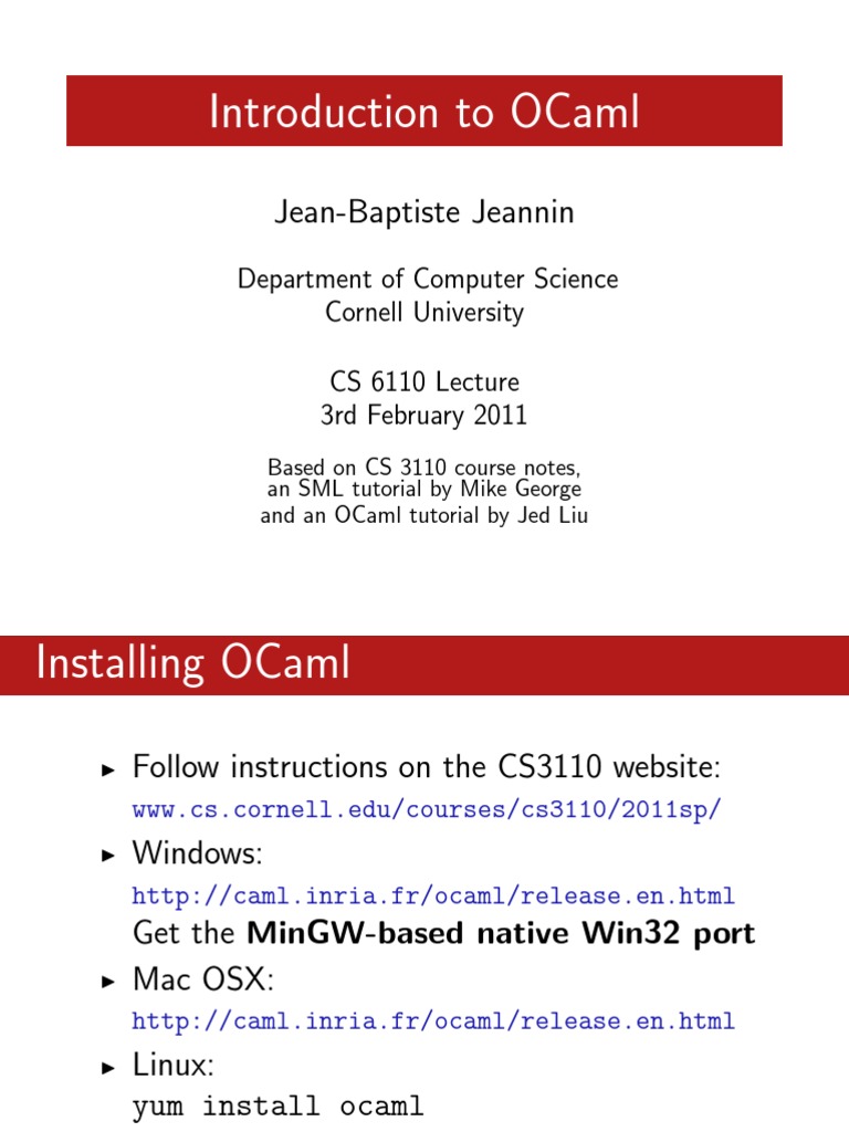 Ocaml Tutorial (Cornell) | PDF | Data Type | Computer Data