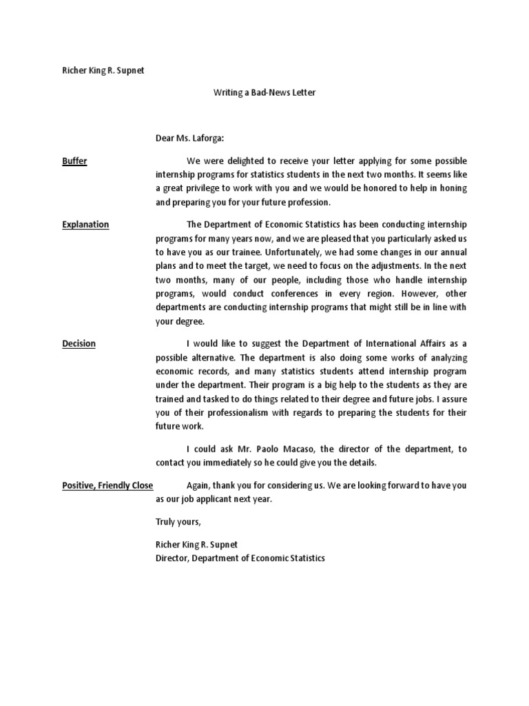 Sample of A Bad News Letter | PDF