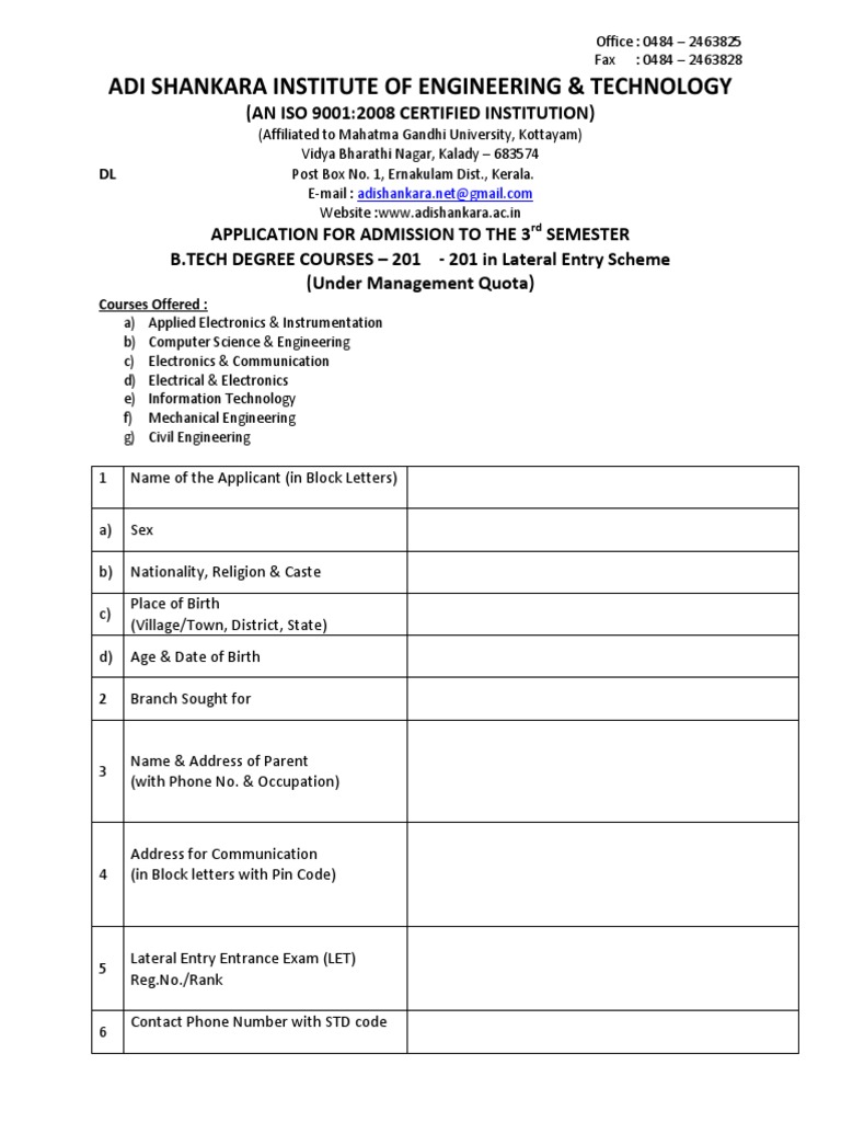 ASIET B Tech Lateral Entry Form | PDF | Fee | Educational Stages