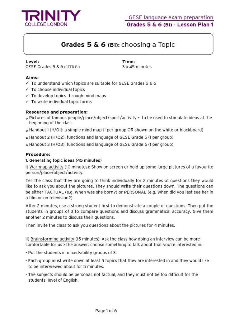 GESE Grades 5 & 6 (B1) - Lesson Plan 1 - Choosing A Topic (Final) | PDF ...