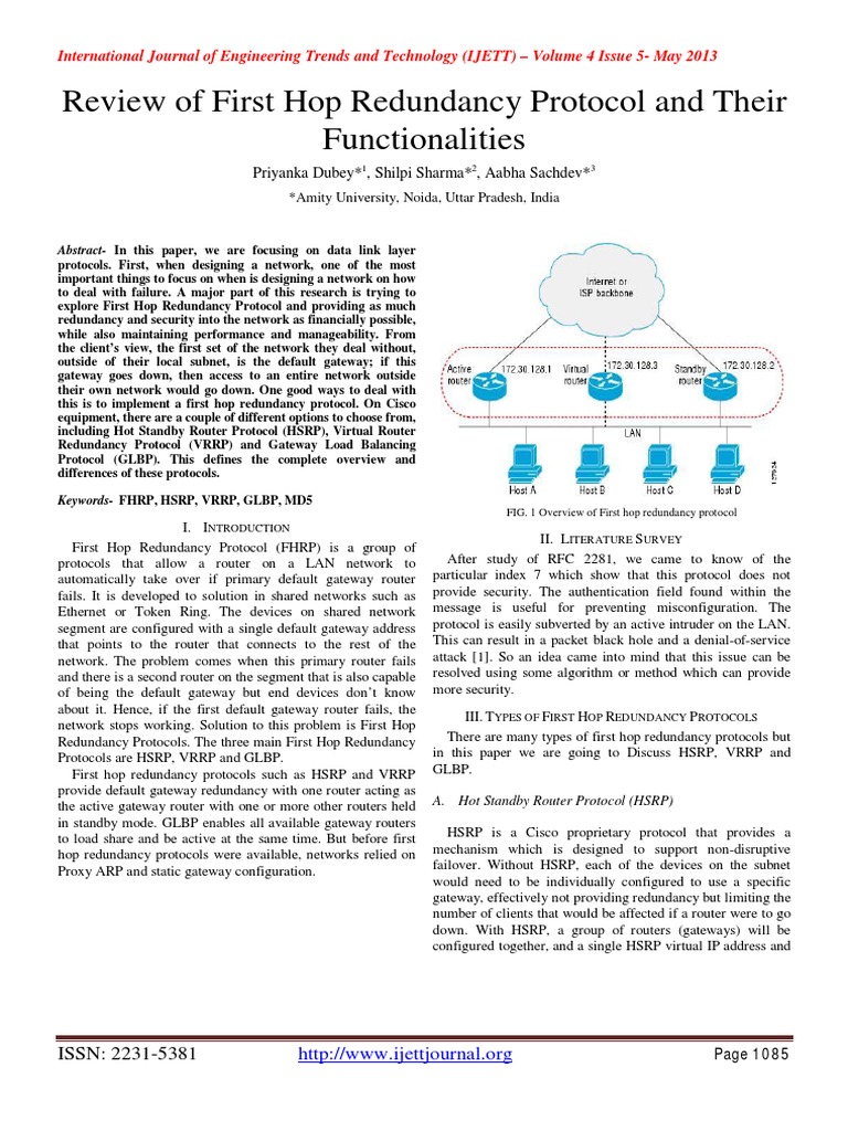 Review of First Hop Redundancy Protocol and Their Functionalities | PDF ...