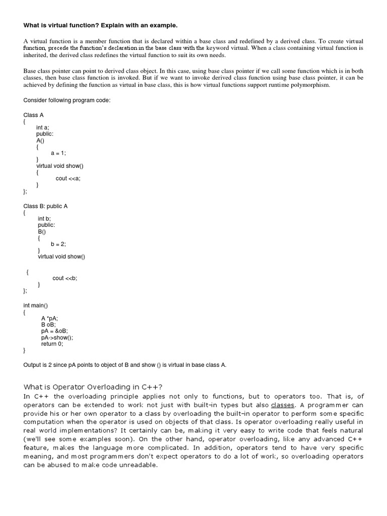What Is Virtual Function? Explain With An Example | Download Free PDF ...