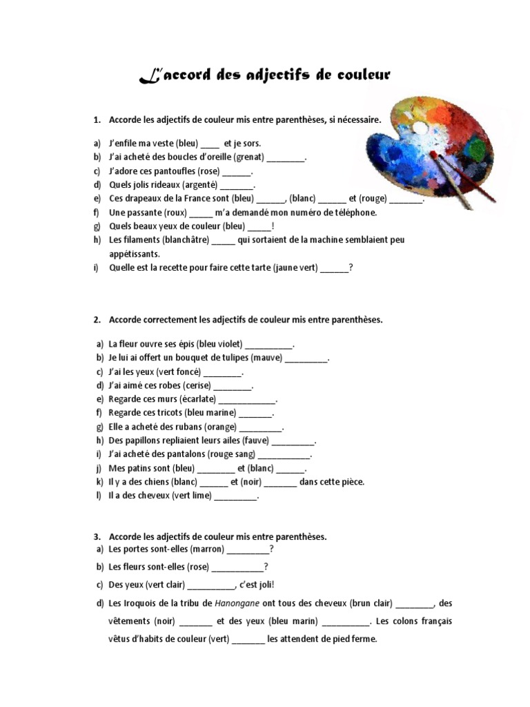 Exercices sur les adjectifs de couleur | PDF | Bleu | Vert
