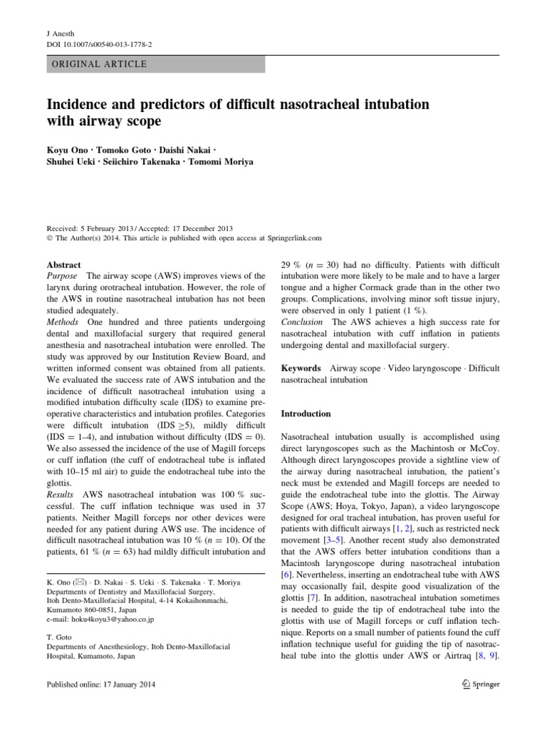 Incidence and Predictors of Difficult Nasotracheal Intubation With ...