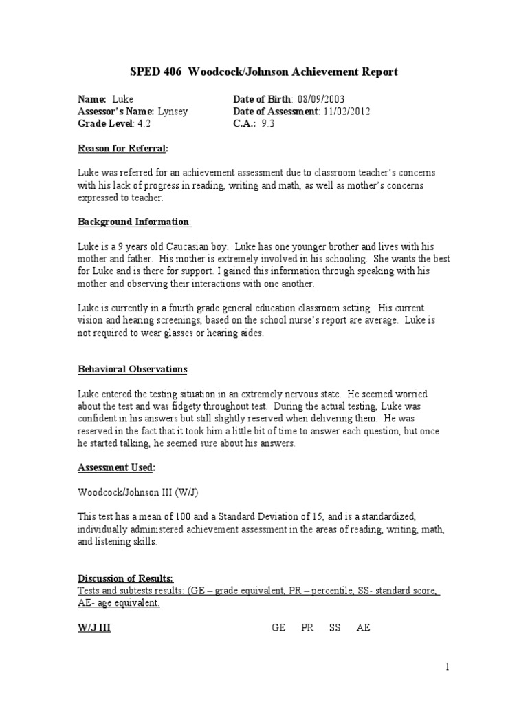 Woodcock Johnson Achievement Report | PDF | Linguistics