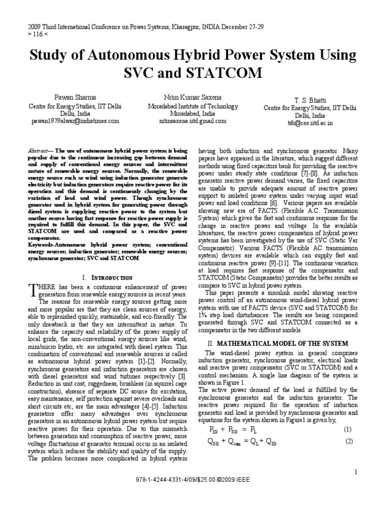 Study of Autonomous Hybrid Power System Using SVC and Statcom | PDF | Electric Power System | Ac ...