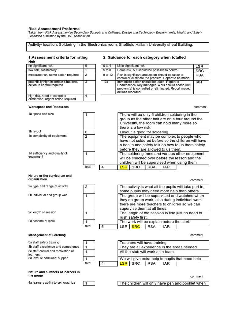 Risk Activity Assessment Proforma | PDF | Risk | Occupational Safety ...