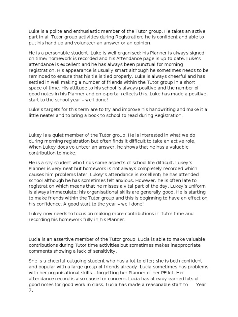 Exemplar Tutor Reports | PDF | Behavior Modification | Learning