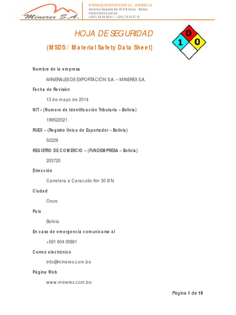 Certificado Msds - Minerex S.A | PDF | Solubilidad | Agua