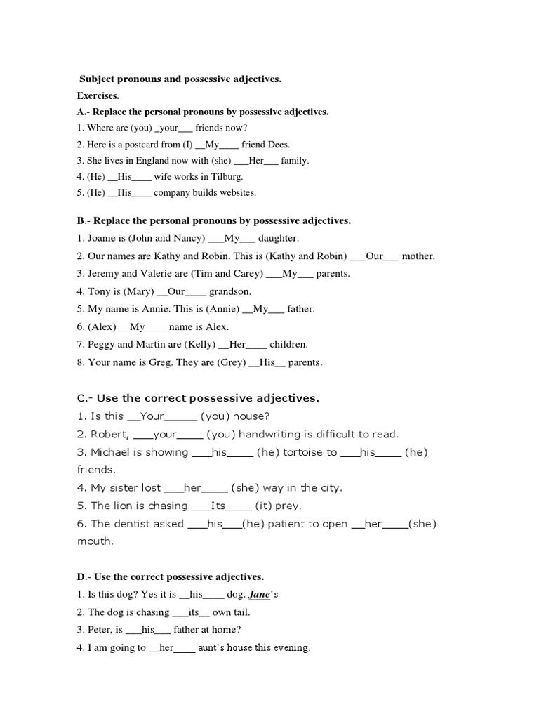 Subject Pronouns & Possessive Adjectives Exercises | PDF | Language ...