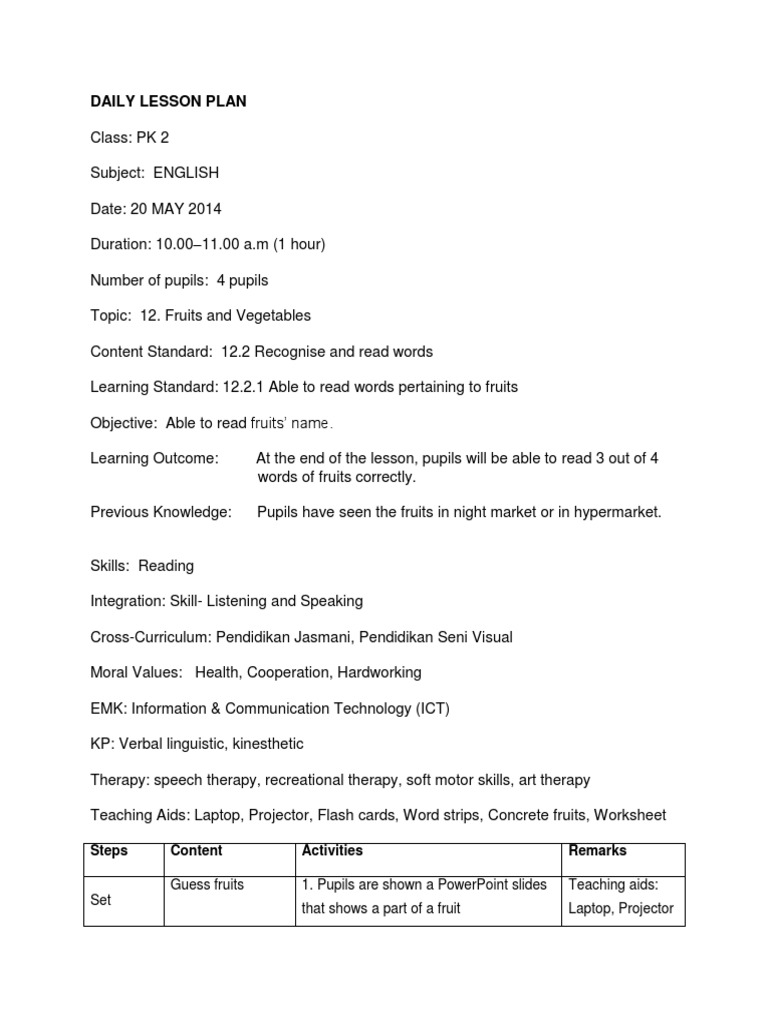 Fruits and Vegetables Lesson Plan | PDF | Lesson Plan | Teachers