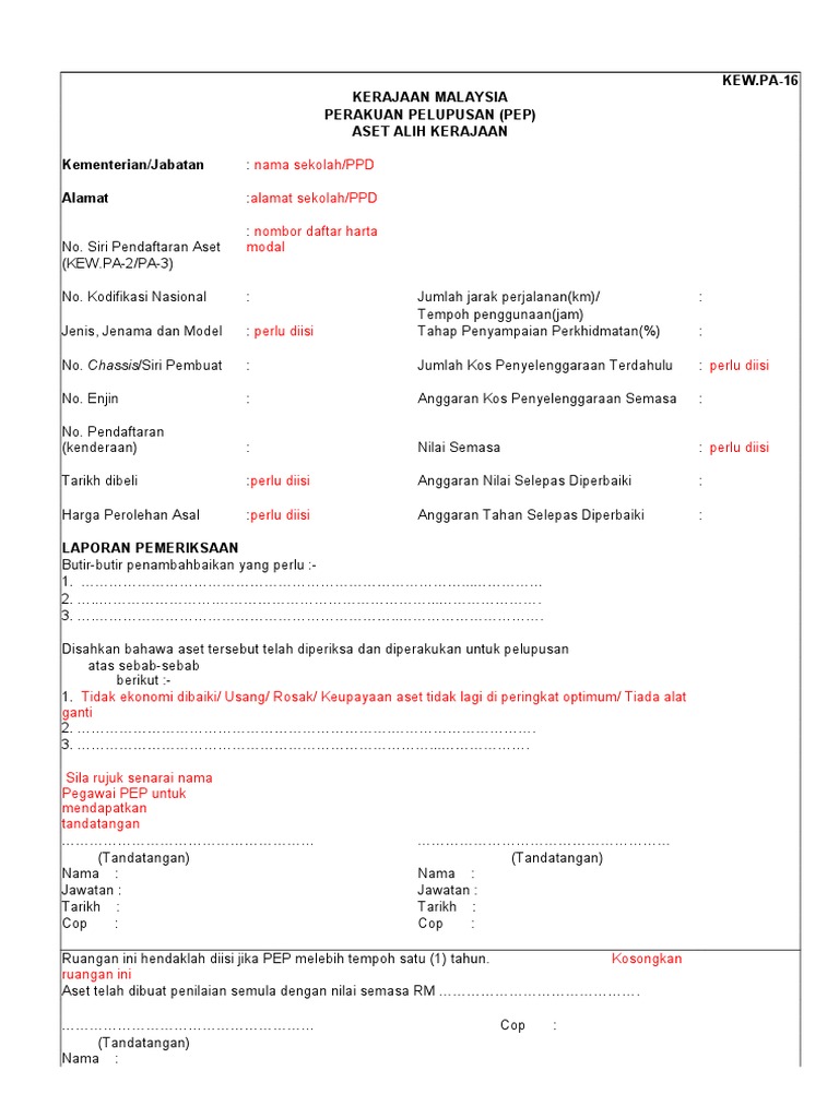 Contoh KEW - Pa-16 (Perakuan Pelupusan at PEP) | PDF