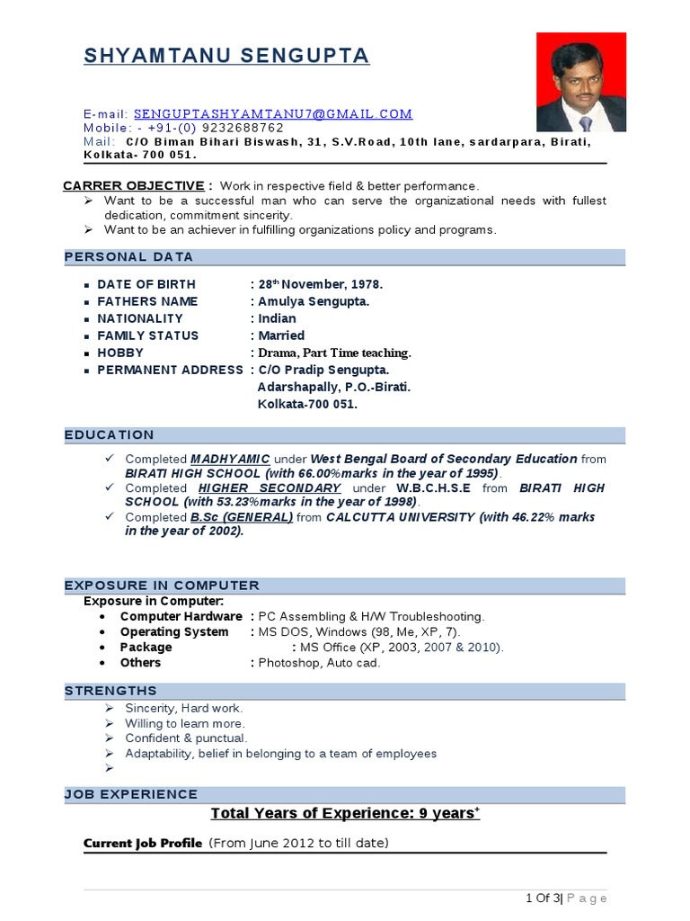 CV of Shyamtanu Sengupta | PDF | Secondary Education | Educational Stages
