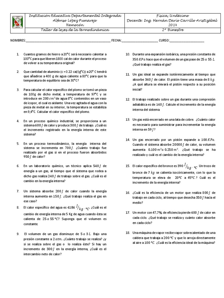 Taller Leyes de La Termodinámica | PDF | Gases | Calor