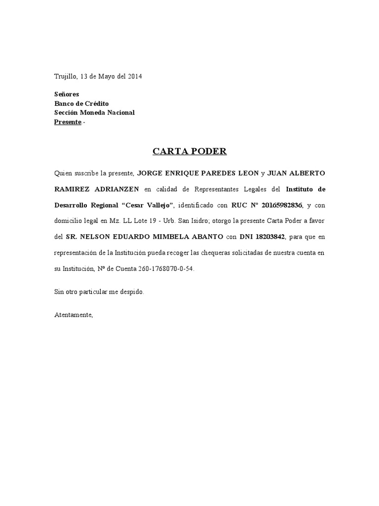 Carta Poder - Recojo de Chequeras