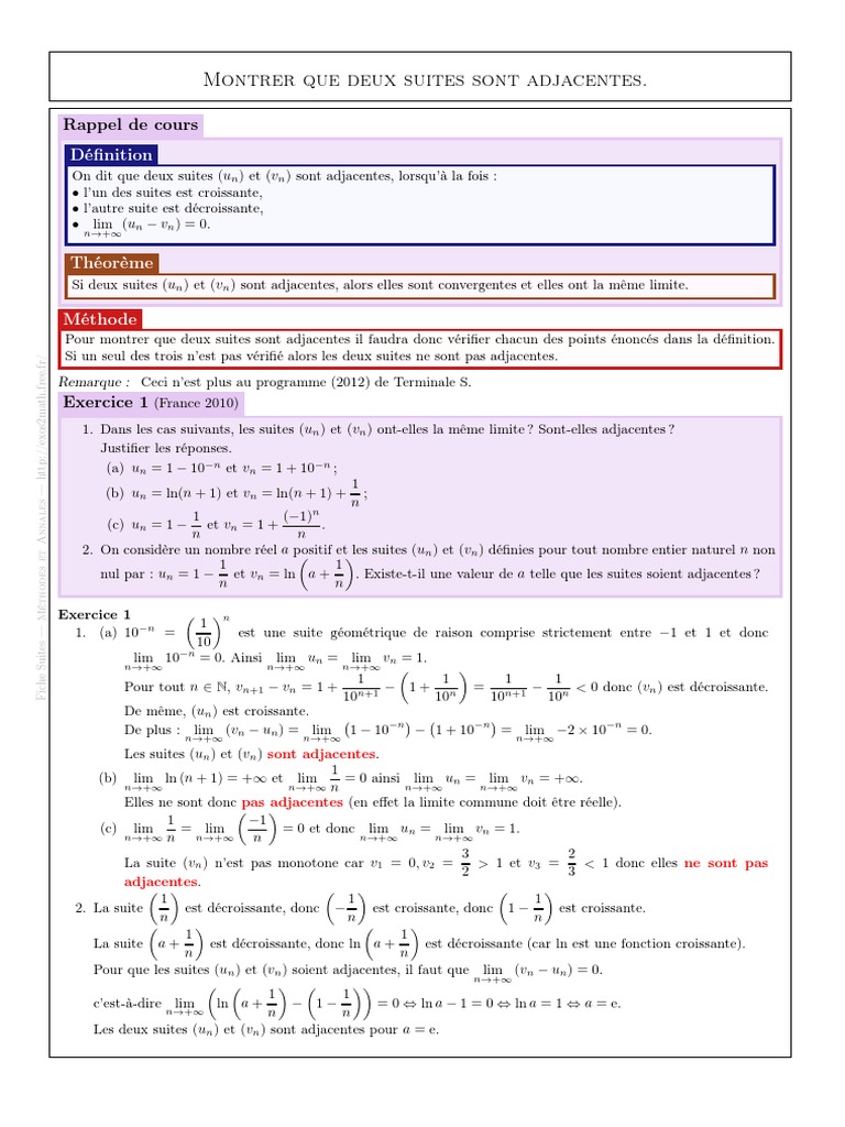 Adjacence des suites : méthodes et exercices | PDF | Séquence ...