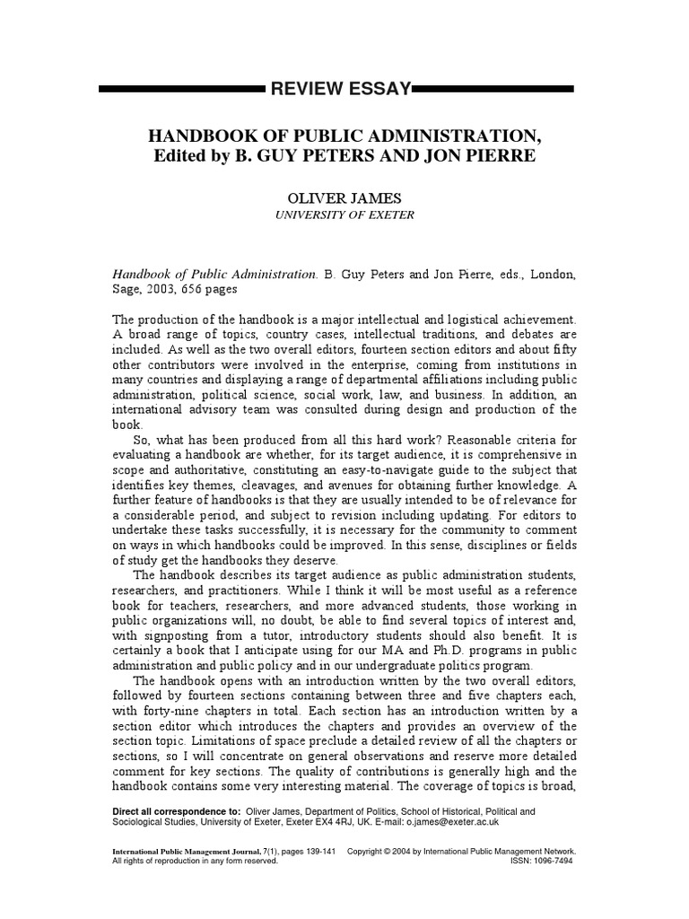 Handbook of Public Administration, Edited by B. Guy Peters and Jon ...