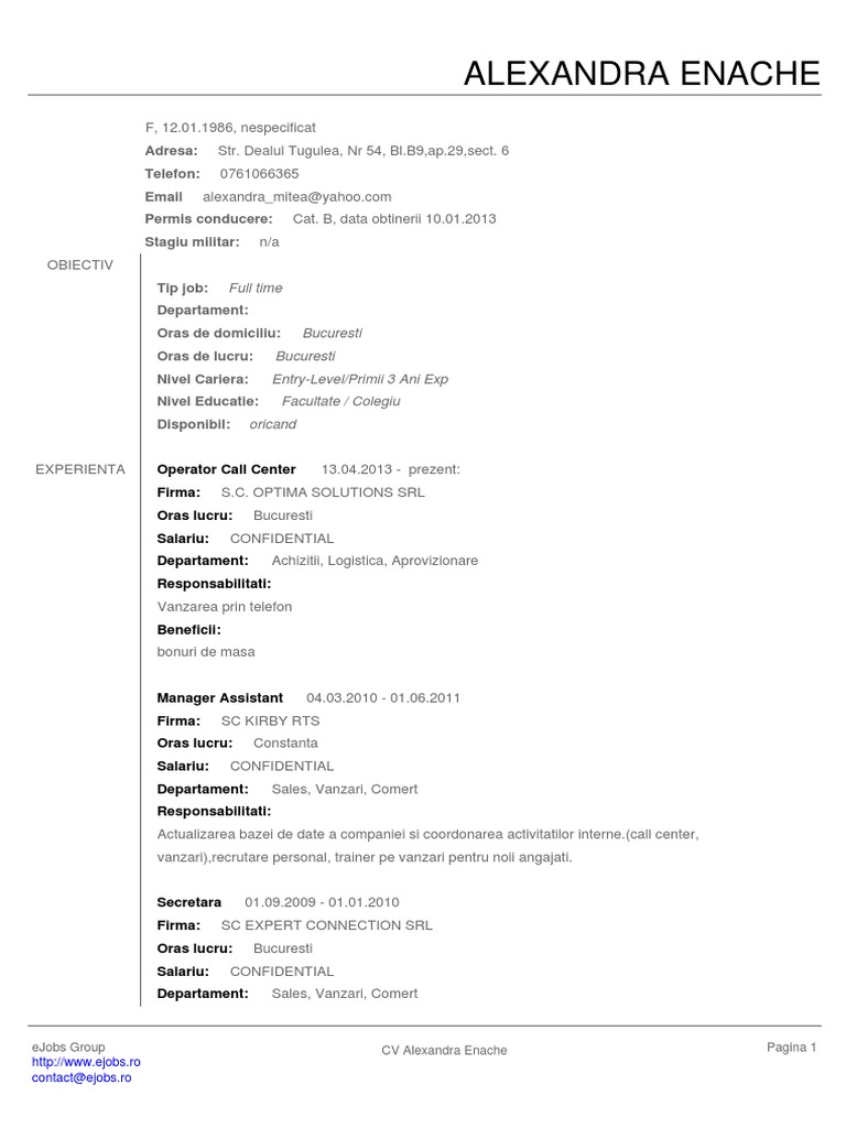 Alexandra Enache: F, 12.01.1986, Nespecificat Adresa: Telefon: Email ...