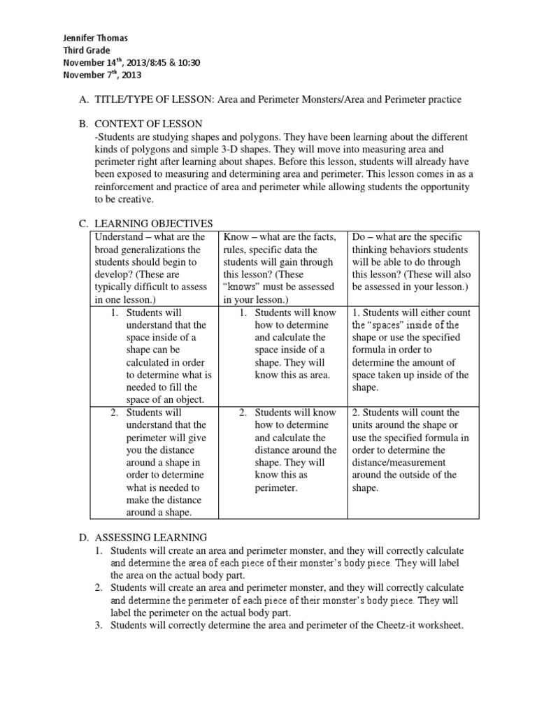 Area and Perimeter Creative Arts Lesson | PDF | Lesson Plan | Understanding