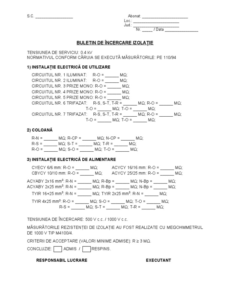 Buletin Incercare Izolatie cabluri electrice Model