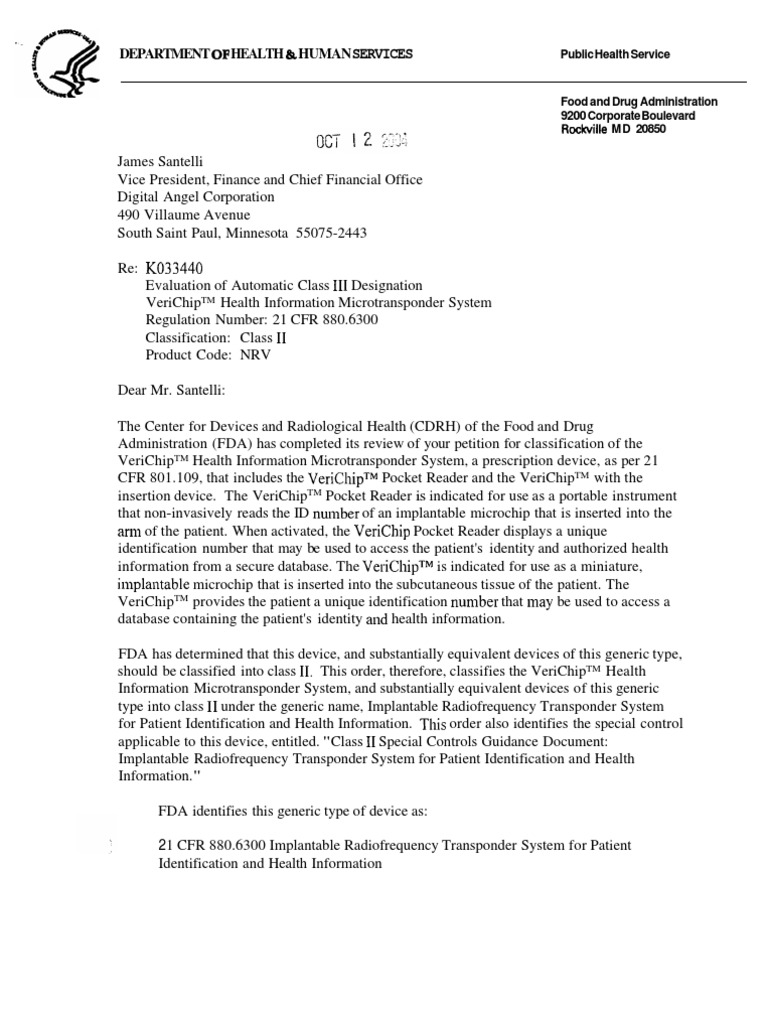 FDA Approval VeriChip RFID Implant Class 2 Device 12oct04 | PDF ...