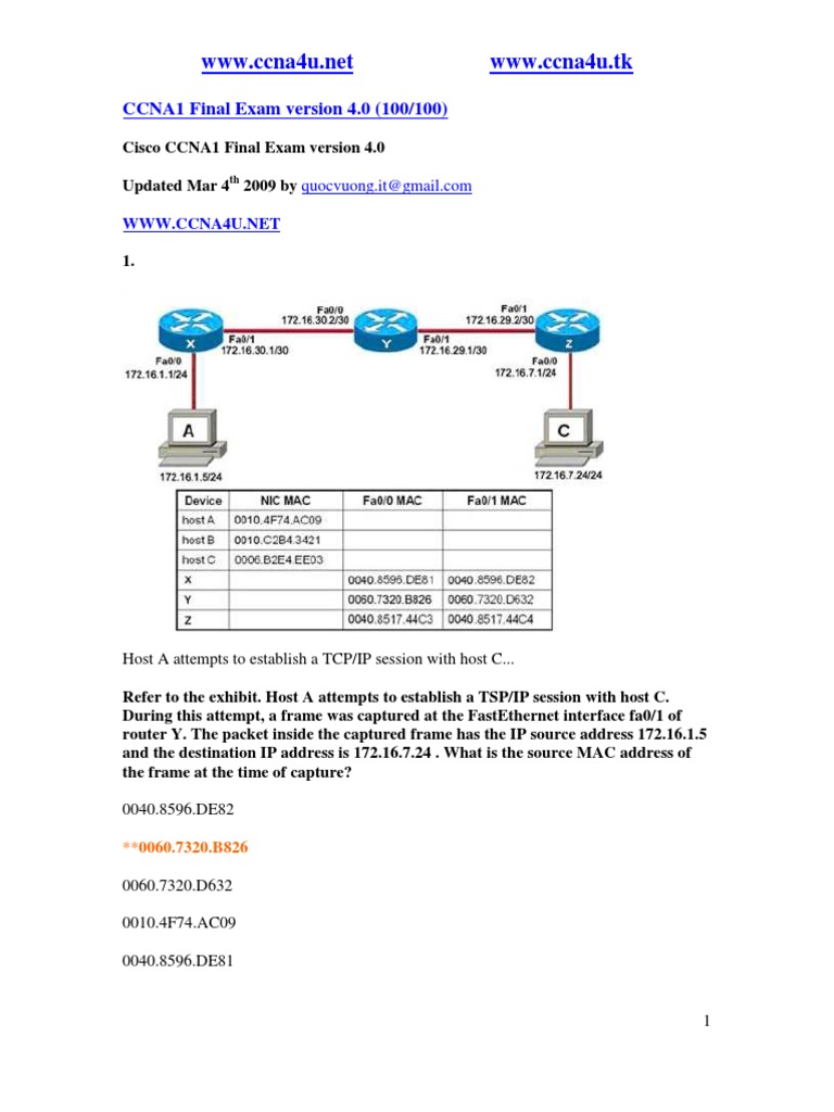 CCNA1 Final Exam Version 4 | PDF | Ip Address | Computer Network