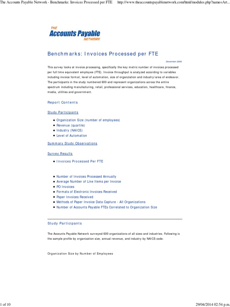The Accounts Payable Network - Benchmarks - Invoices Processed Per FTE | PDF | Accounts Payable ...