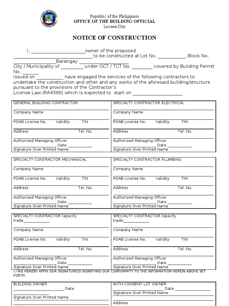 Notice of Construction | PDF | Signature | Architect