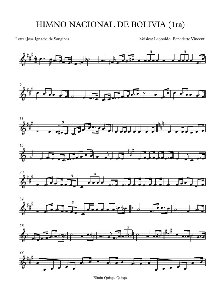HIMNO NACIONAL DE BOLIVIA (1ra) - Partitura Completa PDF | PDF