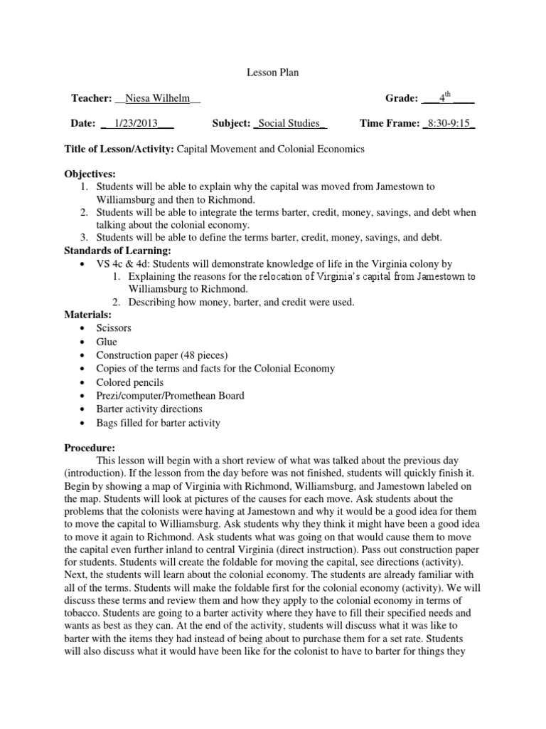 Lesson Plan vs4c and D | PDF | Lesson Plan | Jamestown, Virginia