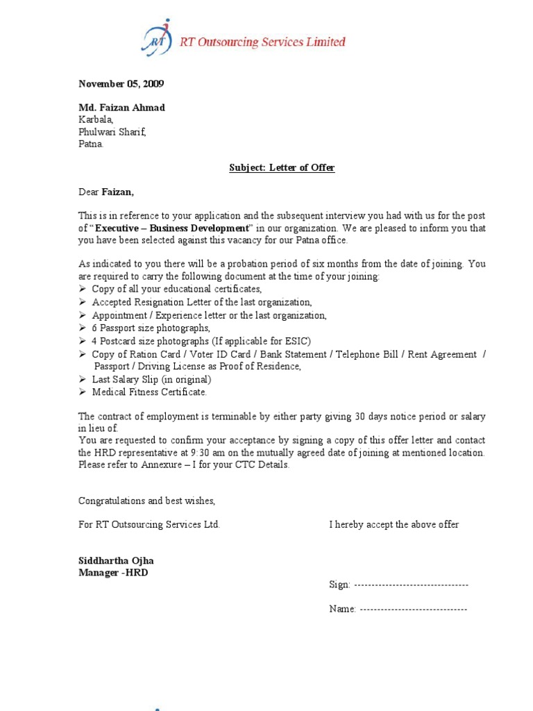 Offer Letter Faizan (RT) | PDF | Employment | Insurance
