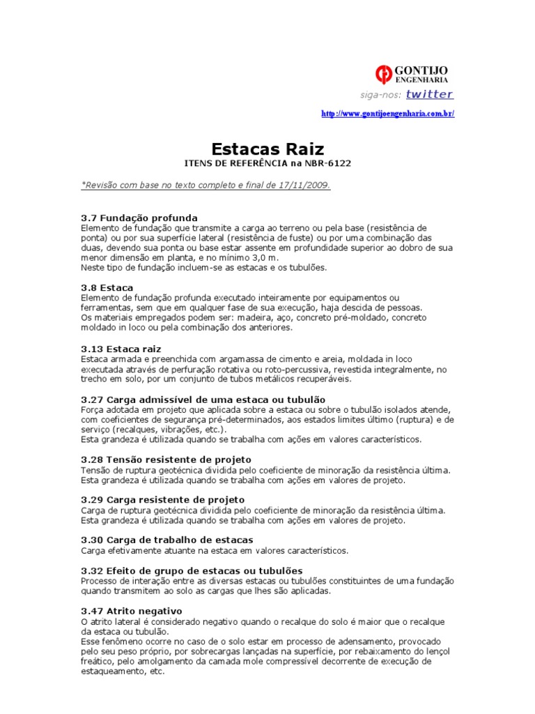 Estacas Raiz | PDF | Argamassa (alvenaria) | Estresse (Mecânica)