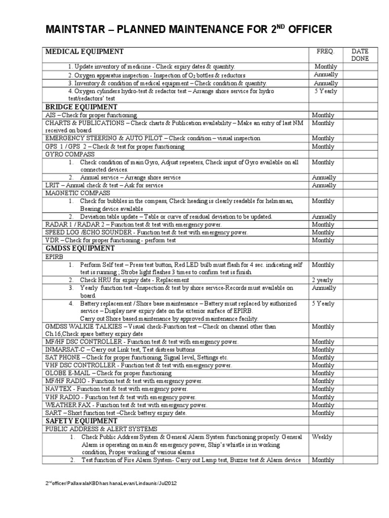 Maintstar - Planned Maintenance For 2 Officer: Medical Equipment | PDF