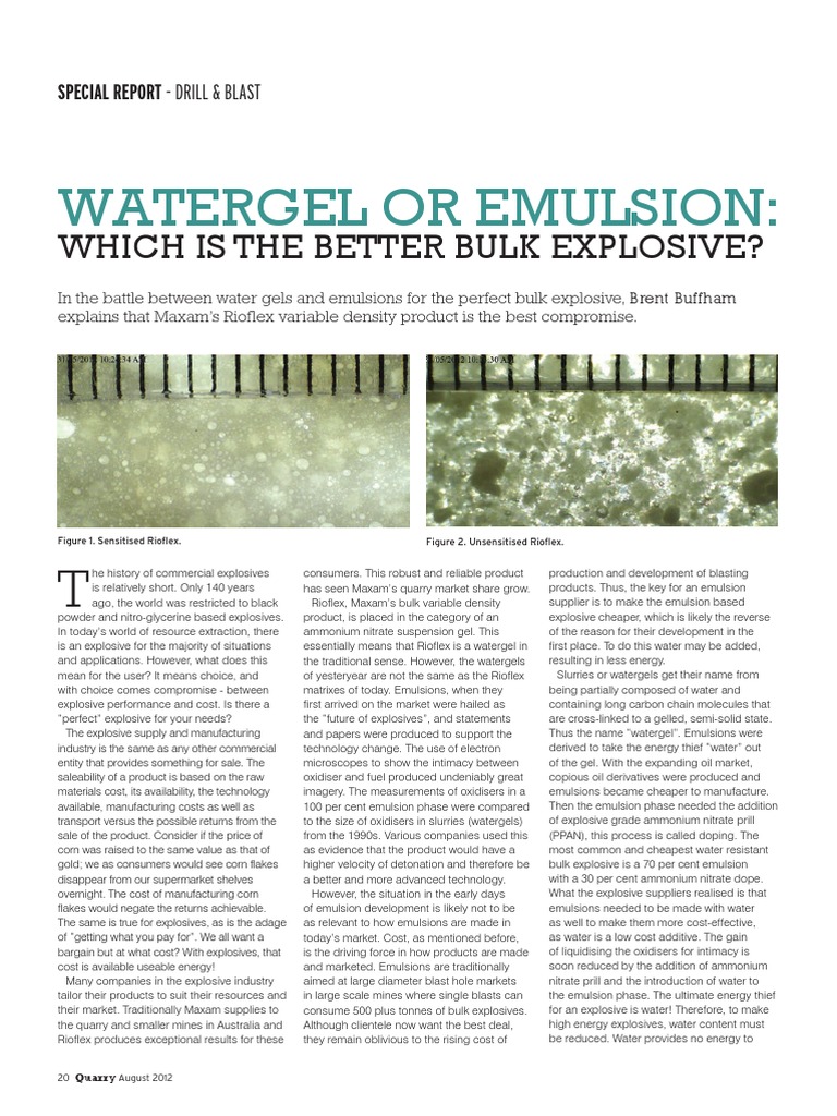 Watergel vs Emulsion Explosives Analysis | PDF | Explosive Material ...