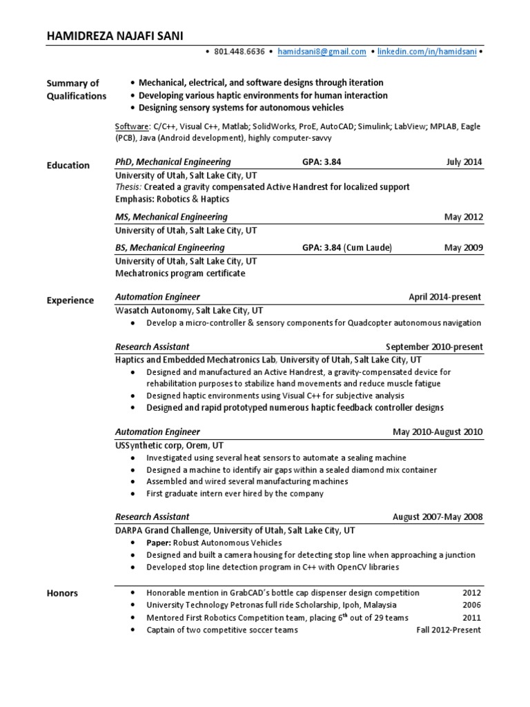 Hamidreza Sani Resume PDF | PDF | Machines | Automation