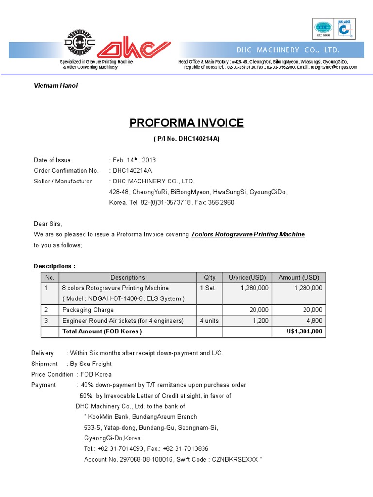 Proforma Invoice (For 8 Colors Printing Machine) | PDF | Printing ...