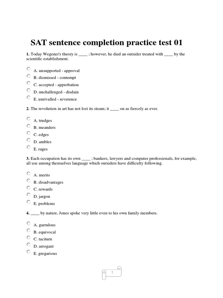 SAT Sentence Completion Practice Test 011 | PDF