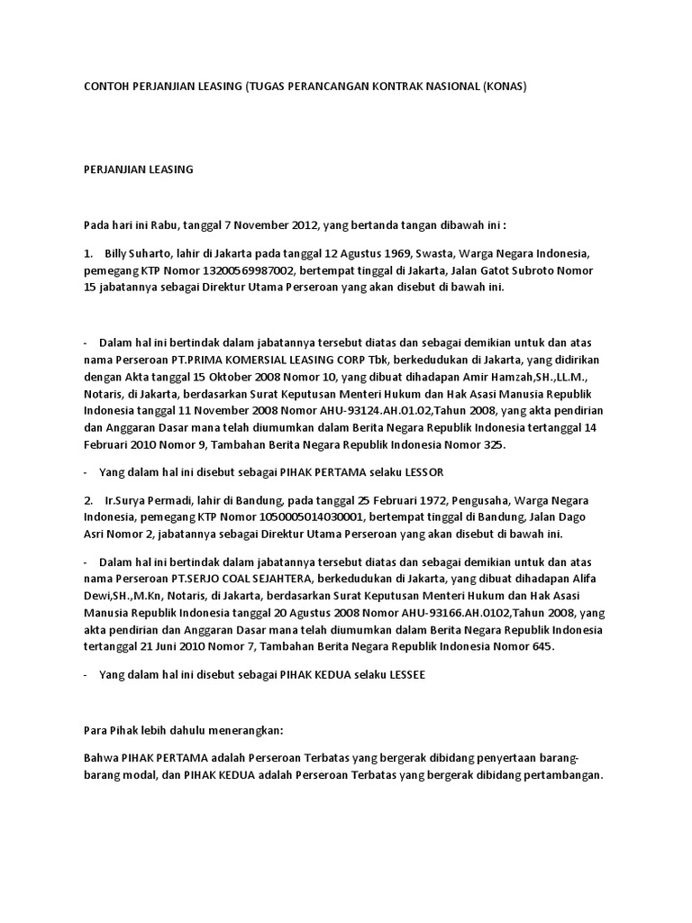 Contoh Perjanjian Leasing | PDF | Hukum