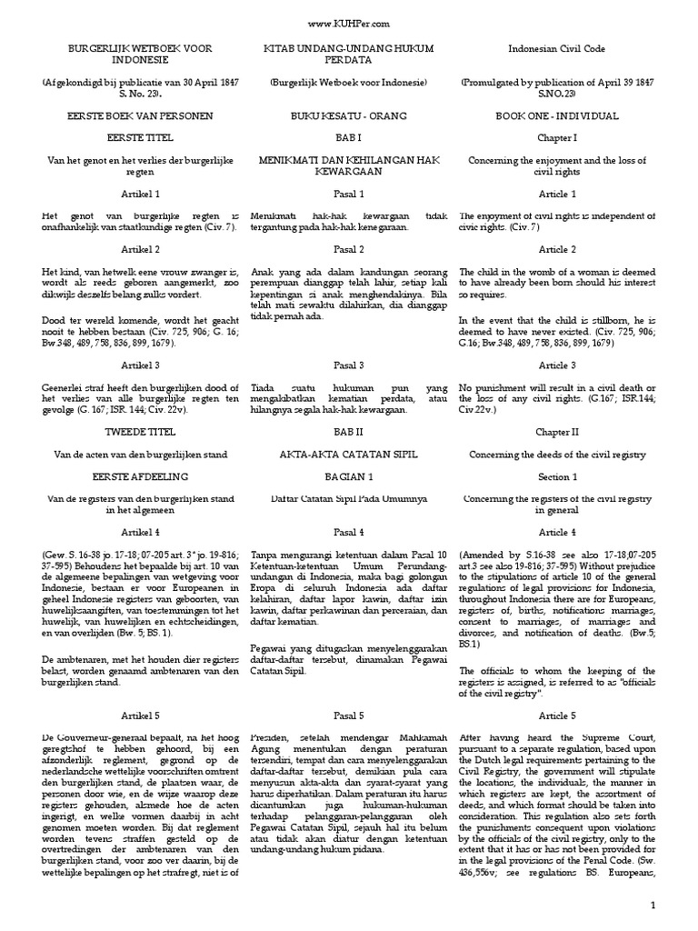 Trilingual Indonesian Civil Code (KUHPer) | PDF