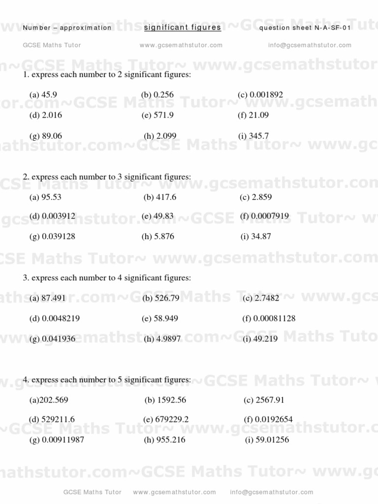 Significant Figures Worksheet #01, Approximation From GCSE Maths Tutor ...