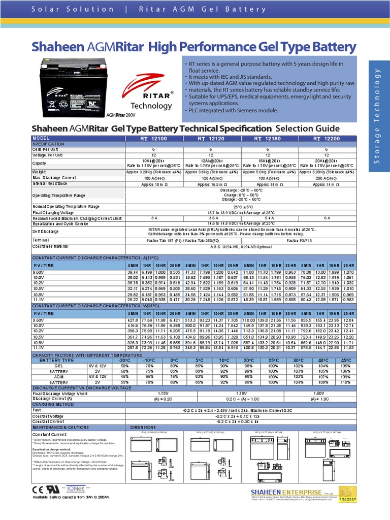 Ritar Agm / Gel Battery Datasheet | PDF | Battery (Electricity ...