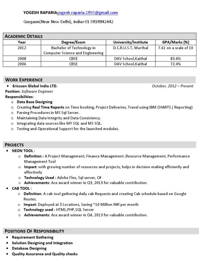Yogesh Resume 2 Sql Microsoft Sql Server 