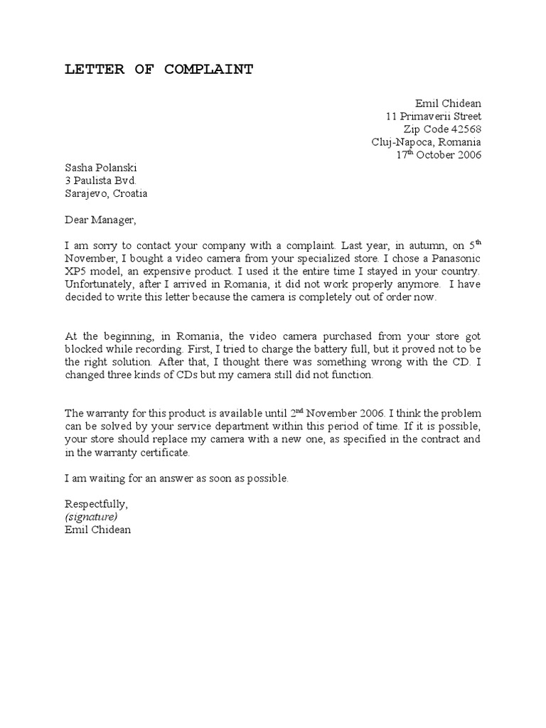 Letter of Complaint | PDF
