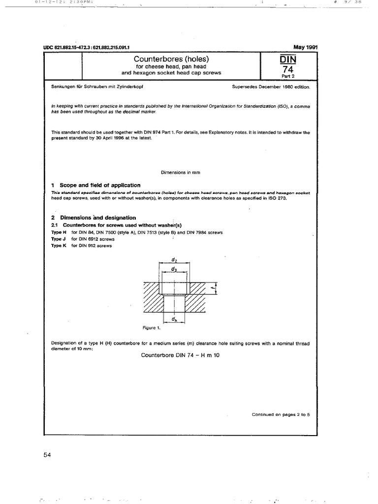 DIN 74 1991 Counter Bores Holes For Cheese Head Pan Head and Hexagon ...